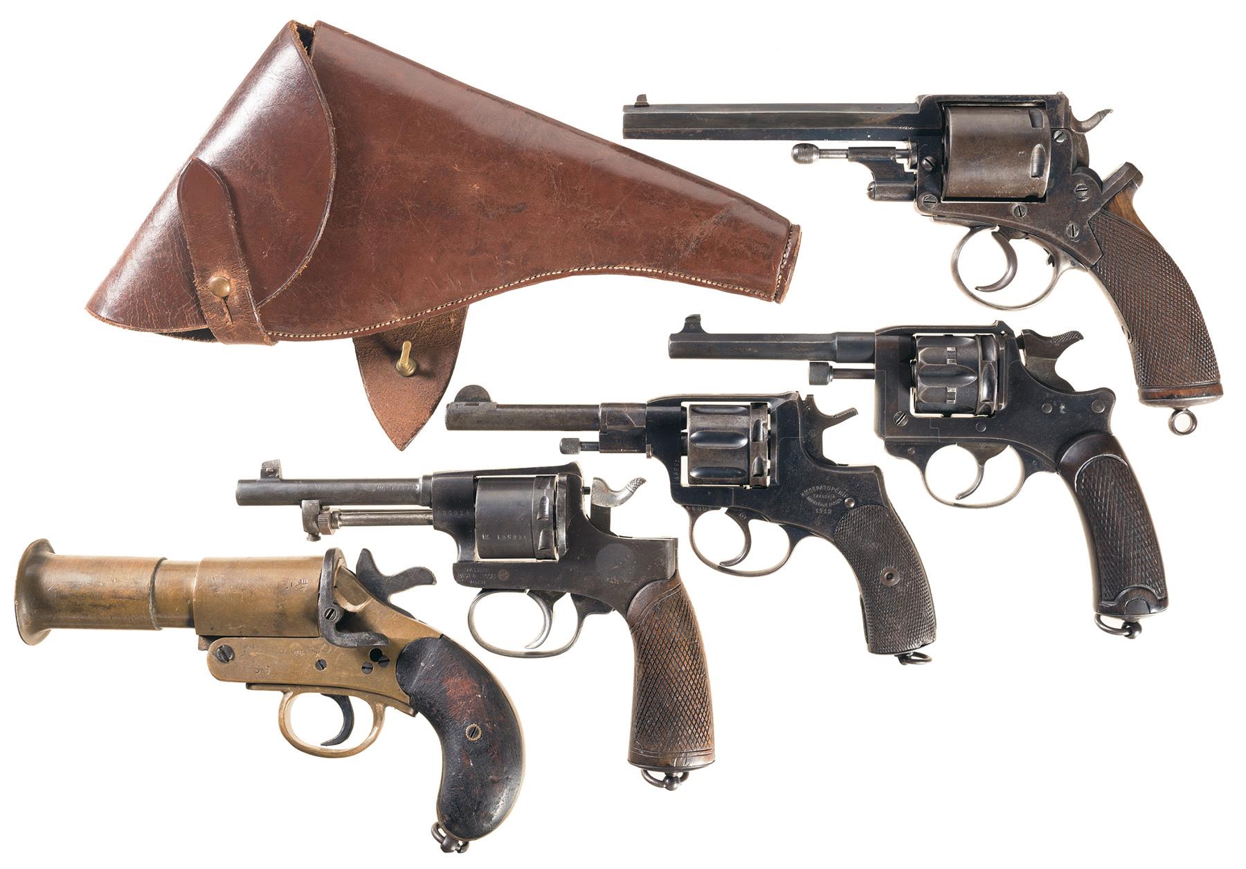 Four European Military Revolvers and a Flare Pistol