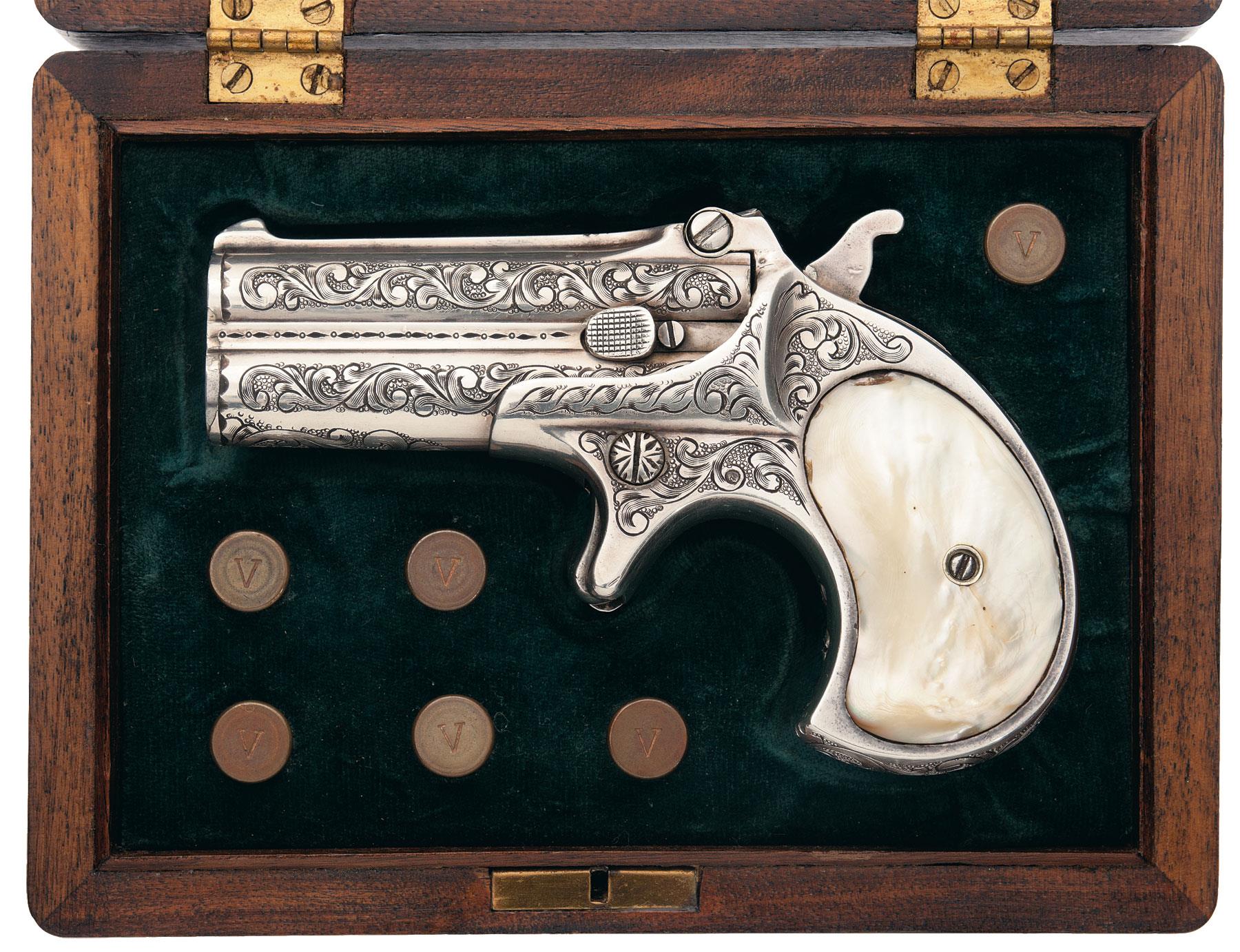 Cased Engraved Remington Double Barrel Derringer with Pearl Grip