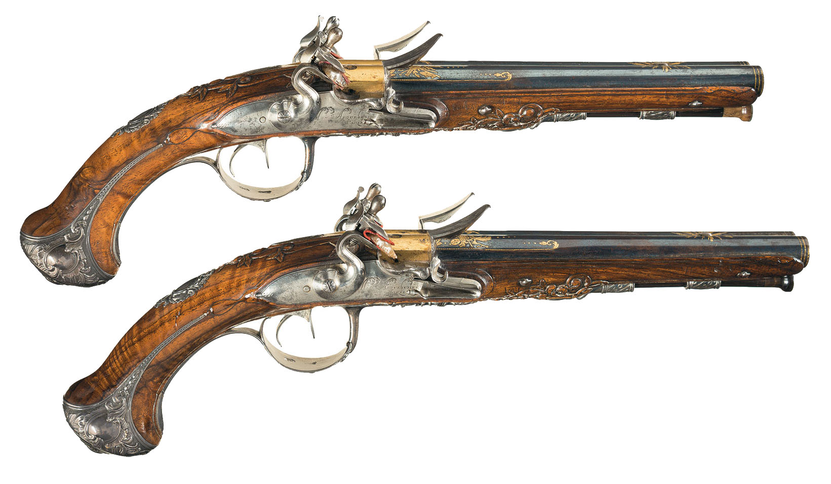 Engraved and Gold Inlaid Pair of Double Barrel Flintlock Pistols